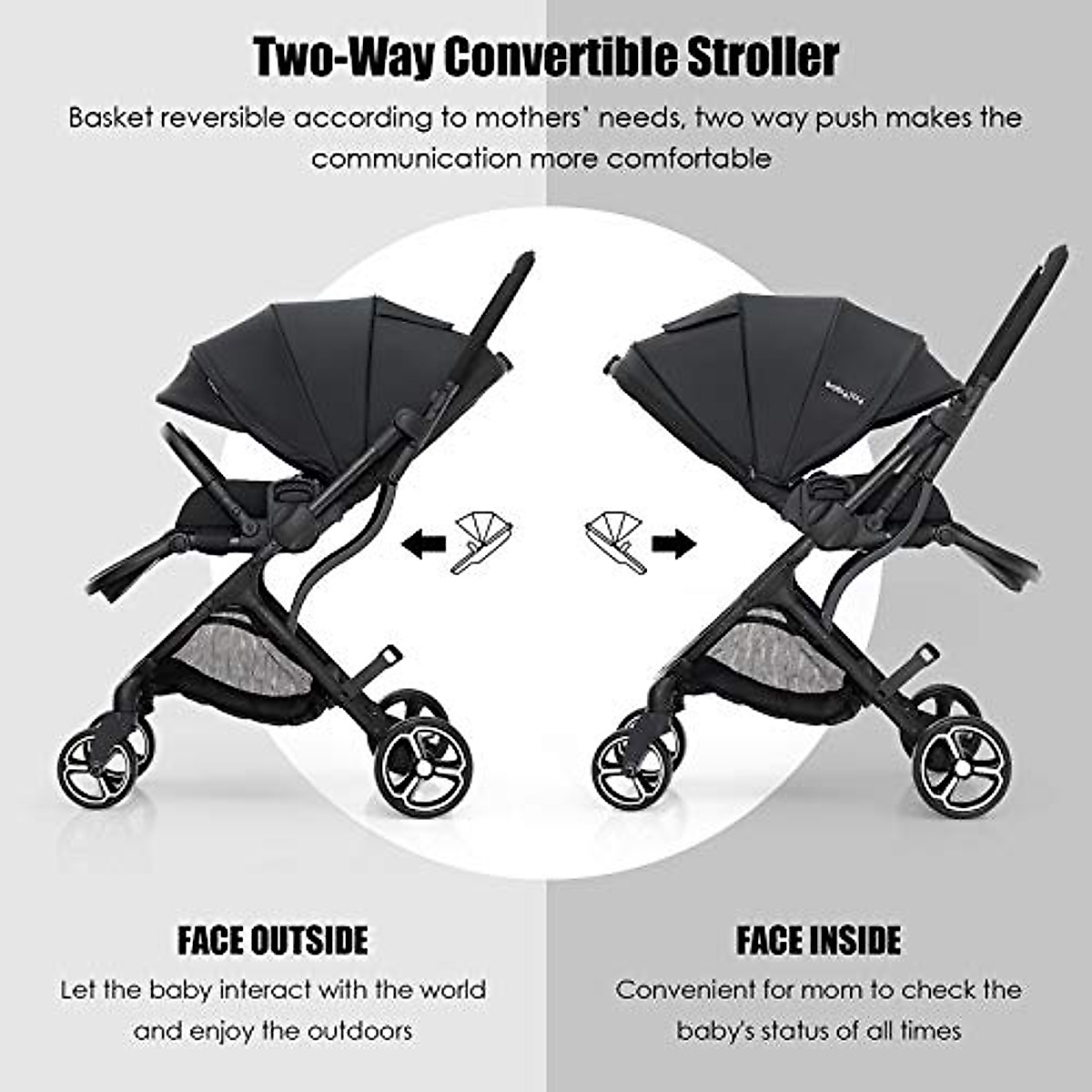 BABY JOY Baby Stroller, Front Rear Facing Toddler Carriage w/Convertible Seat, Cup Holder, 5-Point Harness, Adjustable Handle/Canopy/Backrest, Storage Basket, One-Step Brake Foldable Stroller (Black)