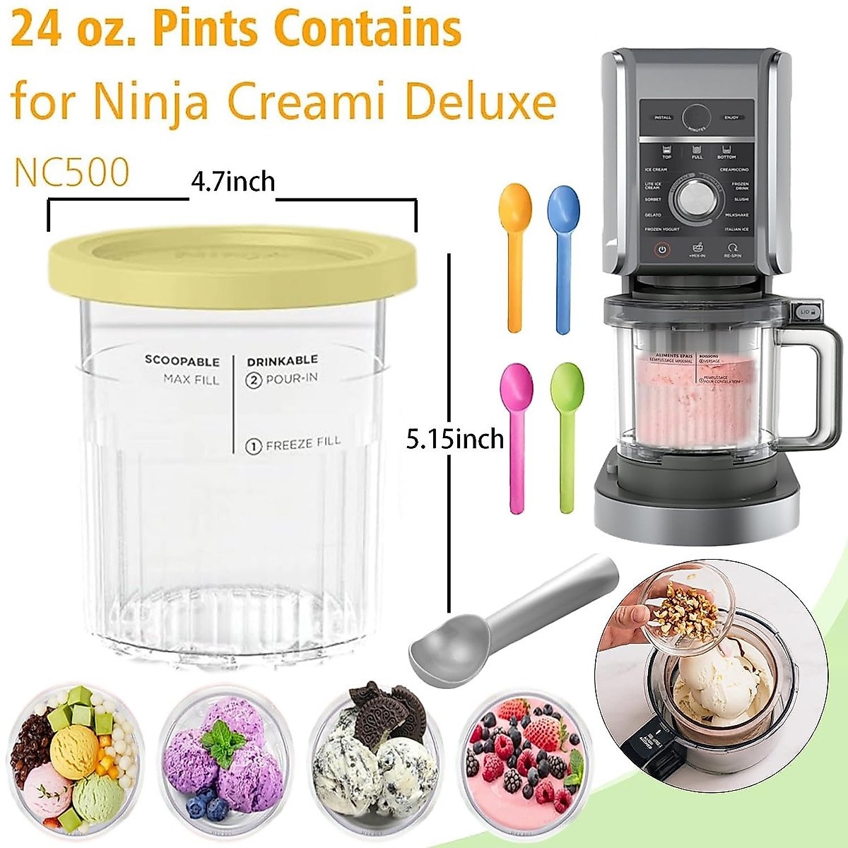 4 Pack Creami Pints and Lids for Ninja, for NC501 NC500 Creamy Icecream Containers Cups Jars Tubs Canisters Set, Smoothie Pot Compatible with NC501 NC500 Series Creamer Ice Cream Maker Machinease.