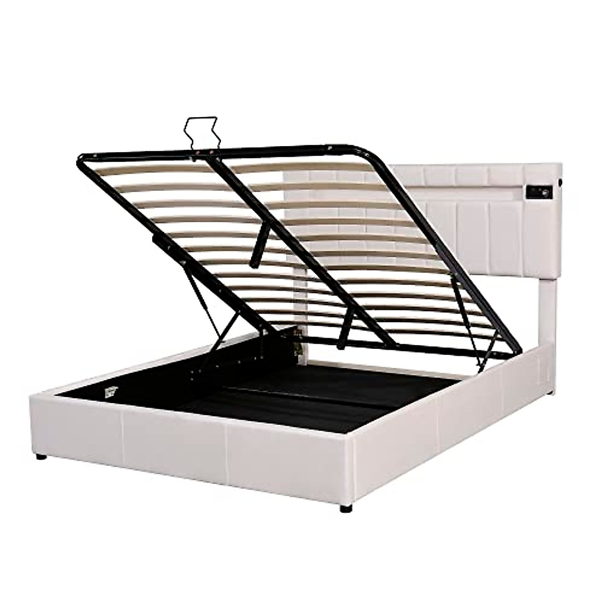 LUMISOL Lift Storage Bed Queen Size, Upholstered Platform with LED Light Bluetooth Player and USB Charging Tufted Headboard, Bed Frame with a Hydraulic Storage and Slat Support, Beige
