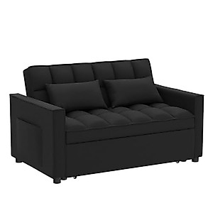 HABITRIO Loveseat with Pull-Out Sleeper Bed, Solid Wood Frame Black Velvet Upholstered 55" 2-Seater Sofa Couch w/3-Position Reclining Backrest, 2 Side Pockets, 2 Pillows, Furniture for Living Room