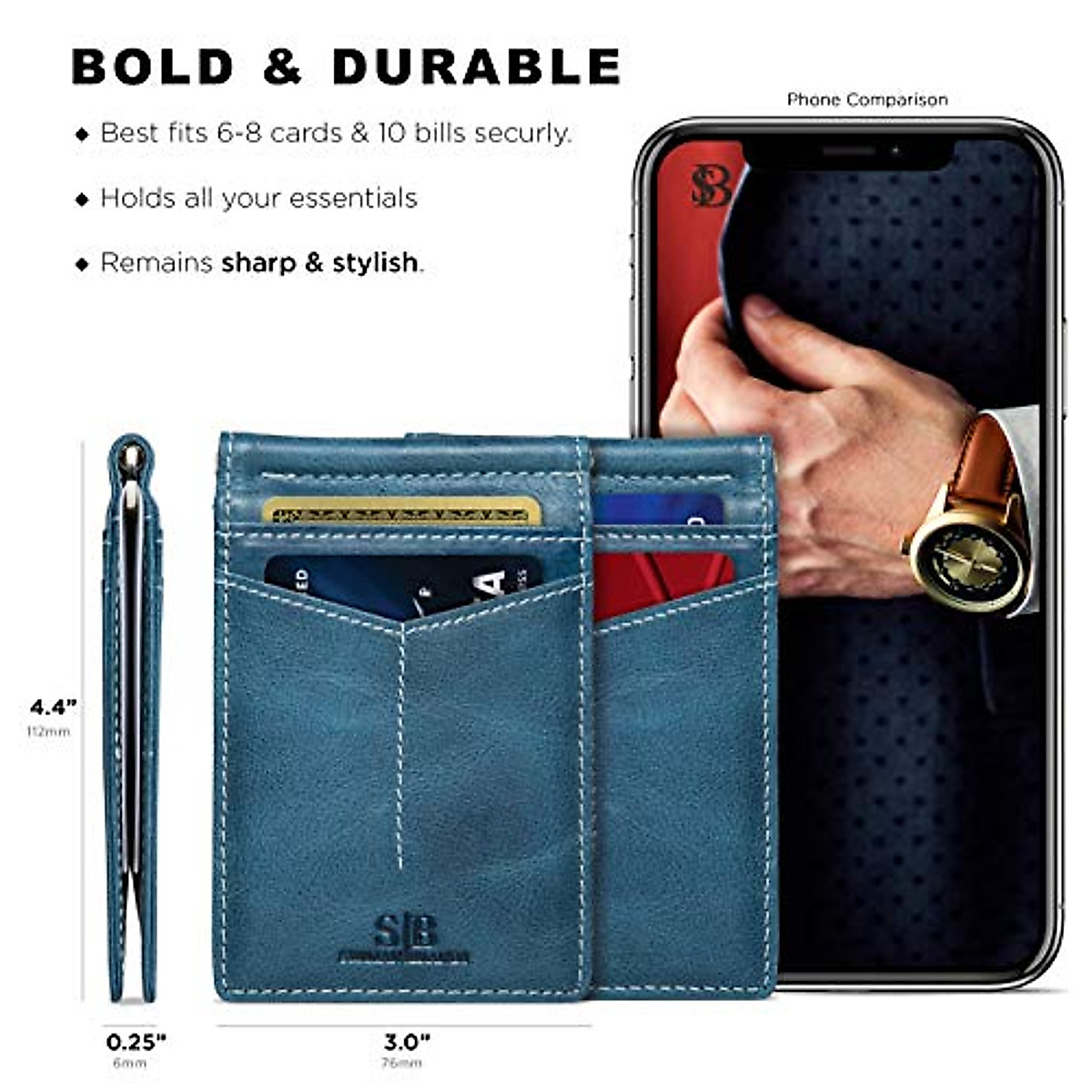 SERMAN BRANDS RFID Blocking Wallet Slim Bifold - Genuine Leather Minimalist Front Pocket Wallets for Men with Money Clip Gift (Arctic Blue Rogue)