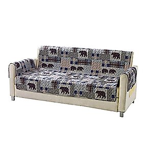 Rustic Modern Farmhouse Cabin Lodge Quilted Couch Sofa Loveseat Armchair Chair Recliner with Patchwork of Grizzly Bears and Buffalo Plaid Check Houndstooth Patterns Beige Blue - Western 2 (Chair)