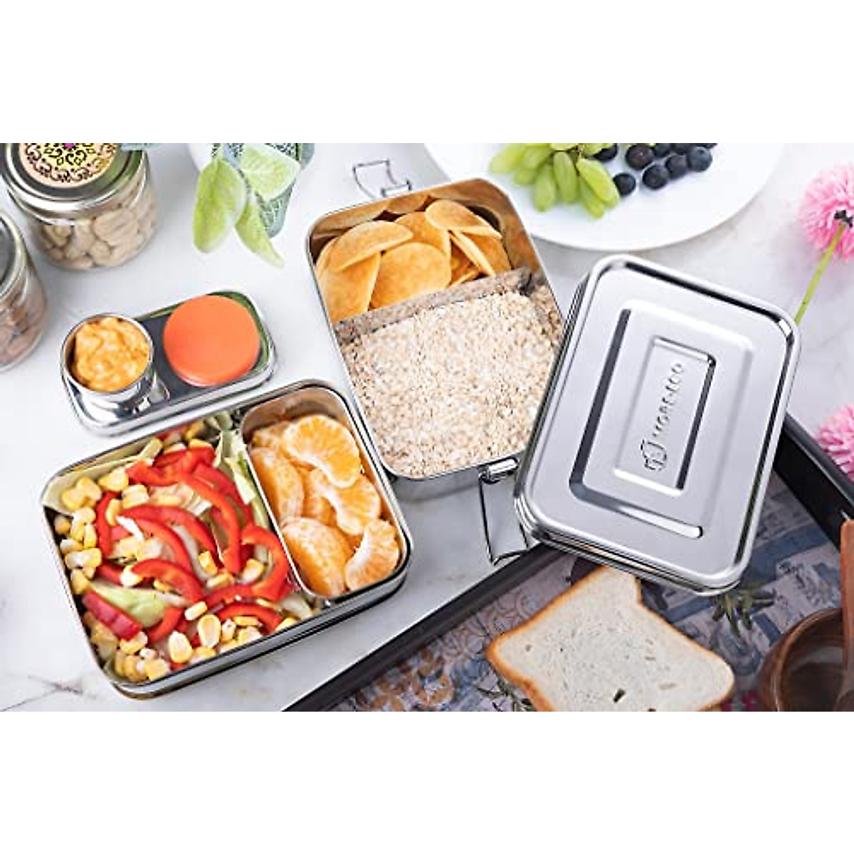 MORE-ECO Classic Stainless Steel Bento Lunch Box Lunch Container Design Holds a Variety of Foods - Metal Bento Box - Dishwasher Safe - Stainless Lid - Stainless 5-in-1