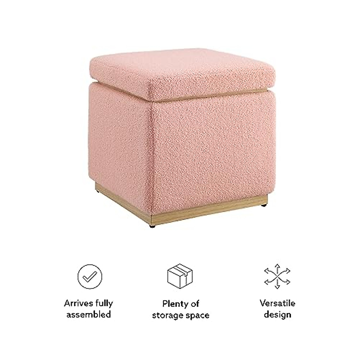 Linon Blush Sherpa Lexington Upholstered Square Storage Ottoman with Pine Wood Accent