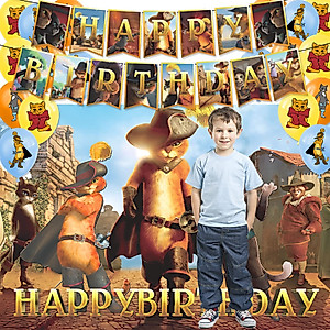 Puss In Boots Party Supplies, 1pcs Happy Birthday Photography Backdrop, 18pcs Pattern Balloons, 1 Banner, 1 Cake Topper, 12 pcs cupcake Toppers Happy Birthday Party Cute Decorations