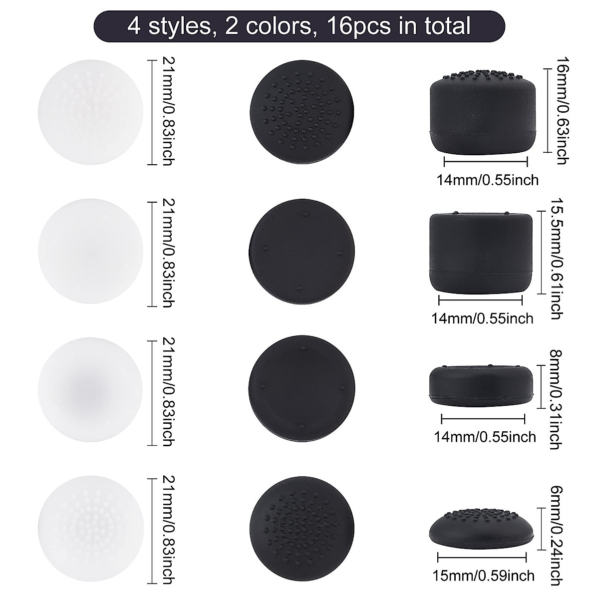 OLYCRAFT 16Pcs Thumb Grips Joystick Cap Analog Stick Cover Silicone Analog Controller Gamepad Raised Antislip Thumb Stick Grips for PS5 PS4 Xbox360 Controller - Black & White