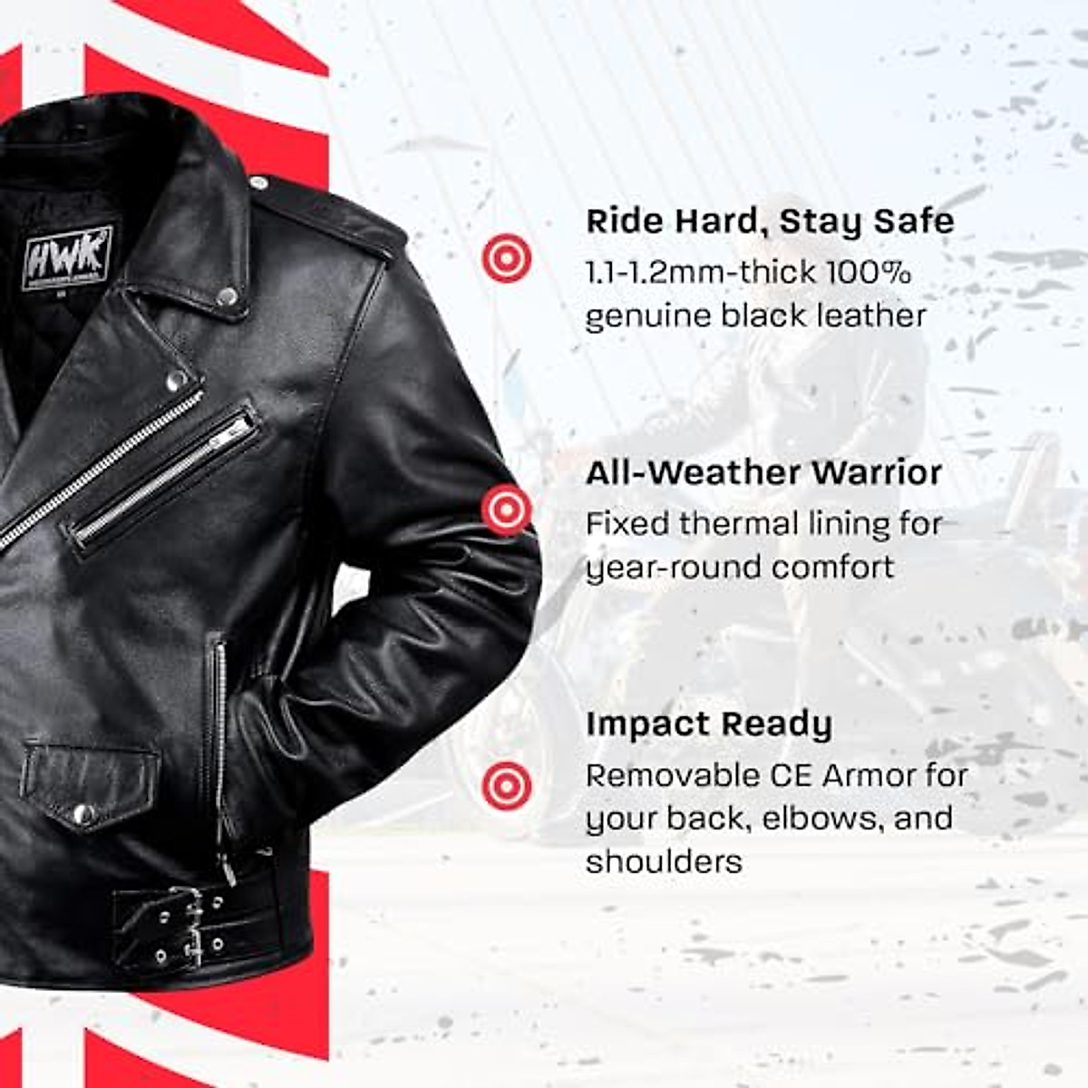 HWK Leather Motorcycle Jacket with Armor for Men, Cafe Racer Genuine Leather Jacket for Weather Resistant Enduro Motocross, Motorbike Riding, Easy Adjust Men's Motorcycle Jacket, X-Large