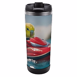 Cute Budgie on Motorboat Travel Coffee Mug Reusable Insulated Drinking Cup with Lid for Home Outdoor Works 13 Oz