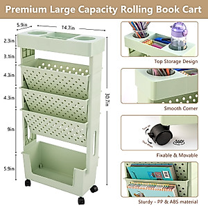 CINPIUK Rolling Office Paper Organizer, Mobile Book Cart Document Folder File Storage with Pen Holder, Slim Rolling Storage Cart Movable Bookshelf for Office, Dorm, Classroom, Nursery, Green