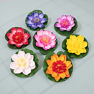 Framendino, 7 Pack Artificial Floating Foam Lotus Flower Water Lily Pads for Home Garden Pond Decoration