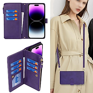 Jaorty Crossbody Case for iPhone 15 Pro Max, Purple with Strap Lanyard, Magnetic Flip Leather Wallet Case for Women, 6.7"