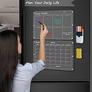 Acrylic Calendar for Fridge,16"×12" Acrylic Fridge Dry Erase Board, Clear Calendar for Fridge, Monthly Magnetic Calendars Board and Weekly Dry Erase Board, 6 Markers,1 Pen Holder and 1 Eraser (Clear)