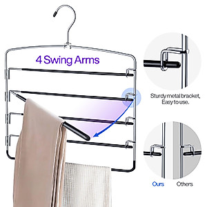 ARRIGO 3 Pack Pants Hangers Space Saving Non Slip Multiple Pants Hanger for Women with Swing Arm Closet Storage Organizer for Pants Jeans Trouser Leggings Scarf Tie