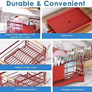 G-TING Dish Drying Rack, Dish Rack for Kitchen Counter, Rust-Proof Dish Drainer with Drying Board and Utensil Holder for Kitchen Counter Cabinet, 16.6” L× 12.6”W× 7.8”H, Bright Red