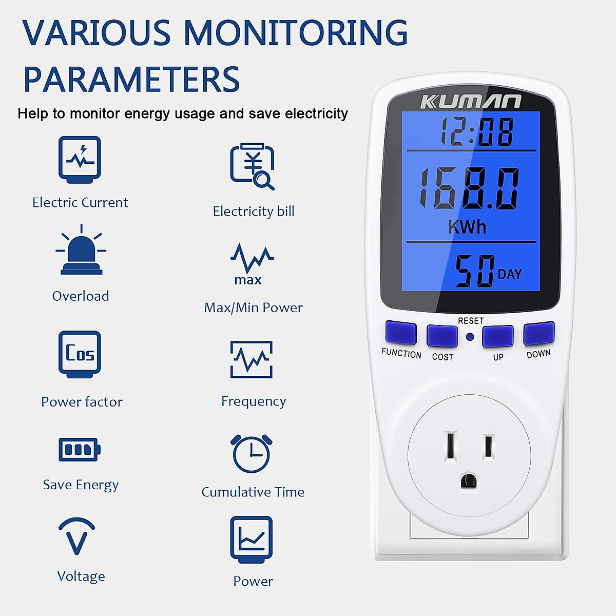 Upgraded Watt Meter, Home Electricity Usage Monitor, Plug-in Socket Power Meter, Power Watt Voltage Amps Meter Tester, Overload Protection