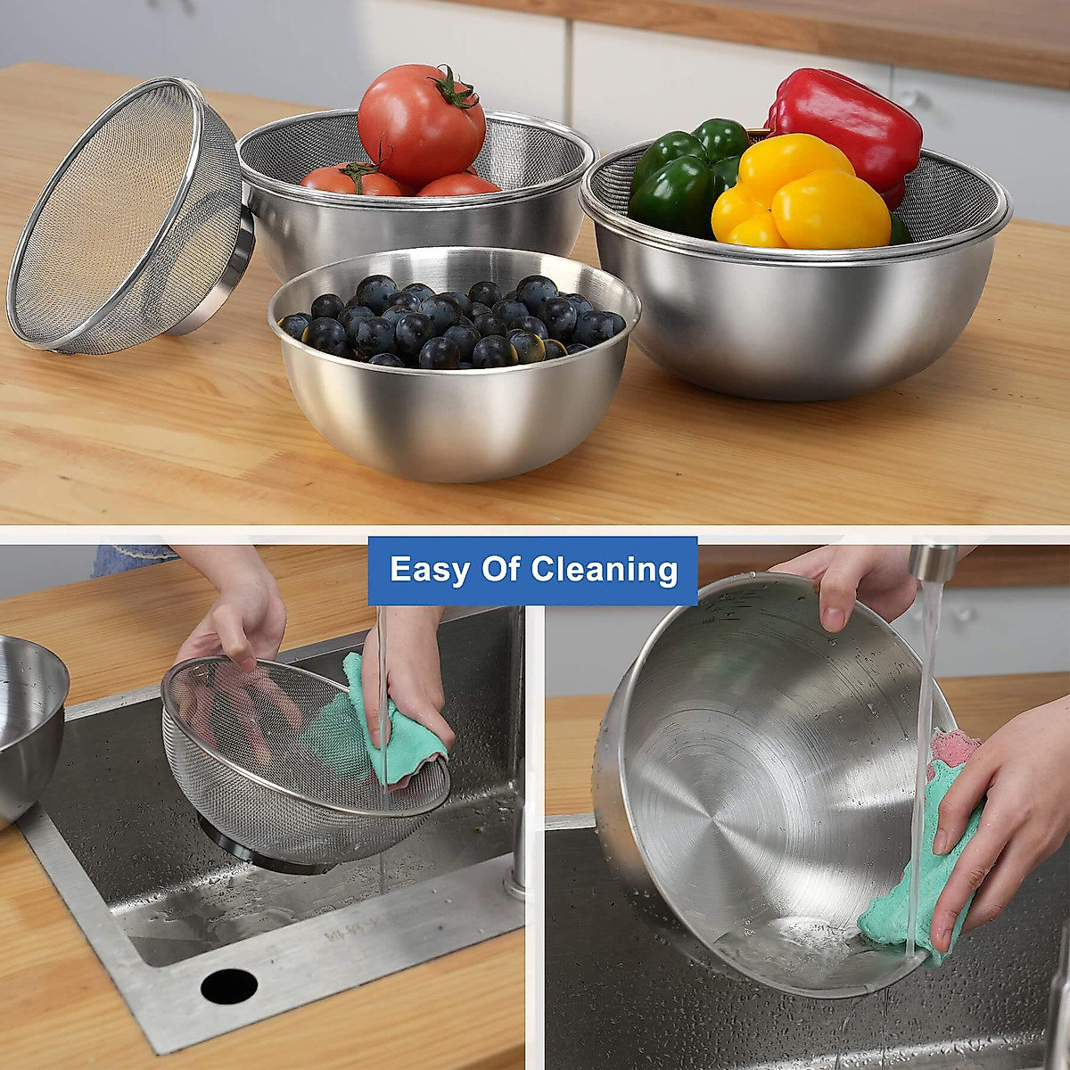 6 pcs Stainless Steel Colander Set with 1.2Qt 2Qt and 3Qt Capacity,Stainless Steel Strainer with Metal Mixing Bowls,Colander Stainless Steel for Kitchen Drain Pasta Rice Fruit Vegetable Washing,Silver