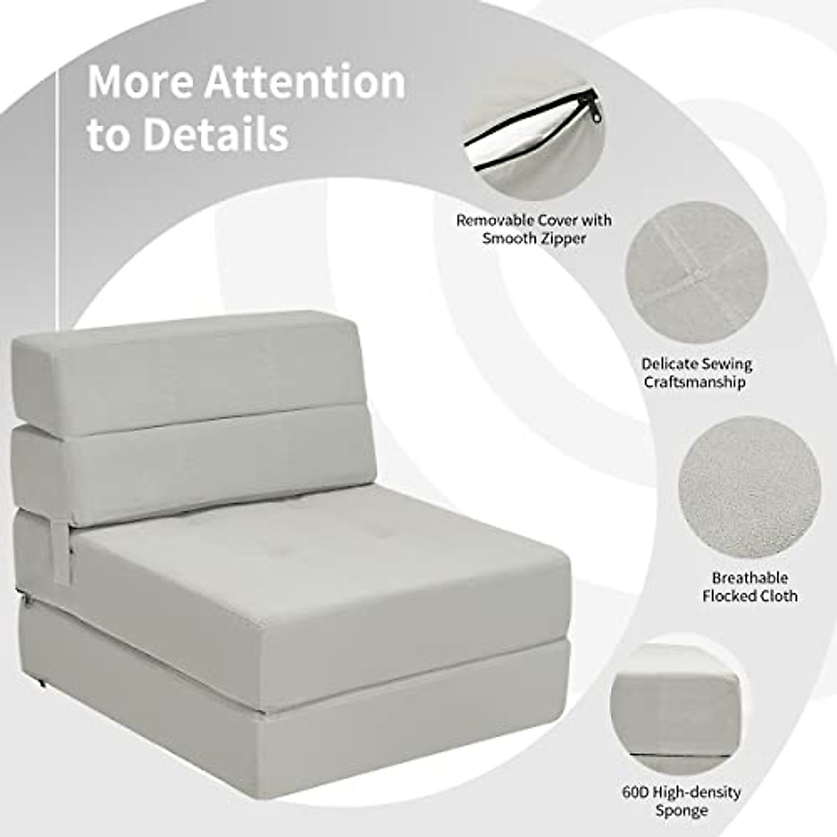 Casart Sofa Bed Tri-Fold Portable Sleeper Folding Memory Foam with Washable Cover Guest Chaise Lounge Padded Cushion Guest Sleeper Chair (Gray)