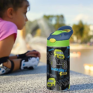 Monster Truck Car Kids BPA Free Water Bottle 14 oz Insulated Stainless Steel Toddler Flask with Leak Proof Lid Double Walled Kids Water Cup for Kids - Green