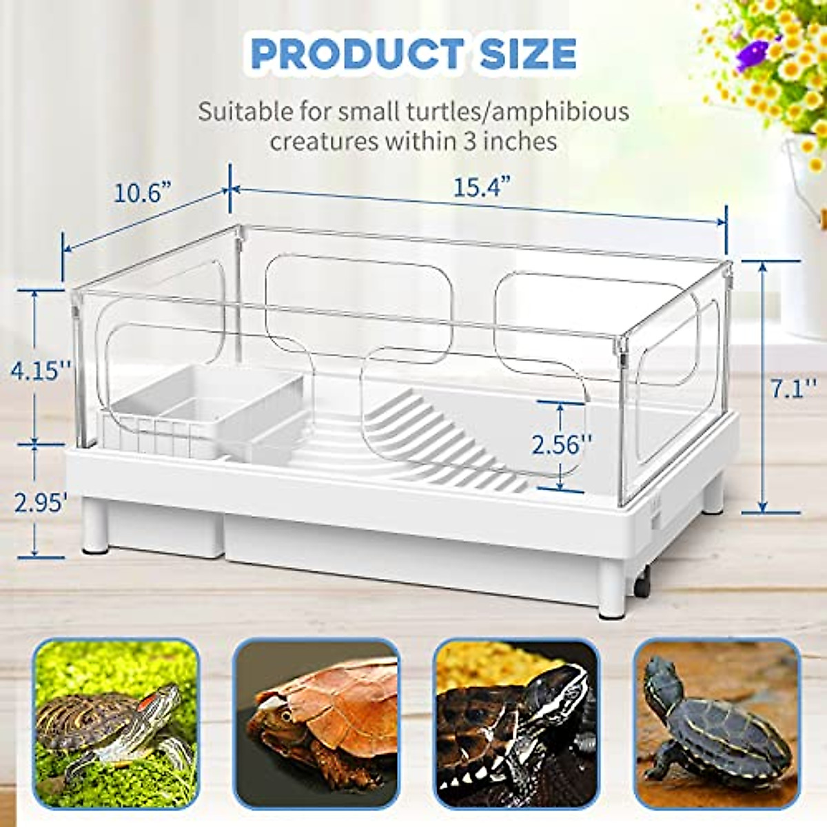MoonOrange Small Turtle Tank, Turtle Aquarium, Acrylic Turtle Terrarium with Basking Platform, Bottom Drainage, Multi-Function Areas for Turtles, Crabs, Crayfish, Small Reptiles. (White Tank)