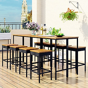 EMKK 10-Piece Outdoor Patio Bar, Garden PE Rattan Wicker Dining, Square, Foldable Acacia Tabletop, High-Dinner Bistro Set with 8 Stools and 2 Tables, H-Brown