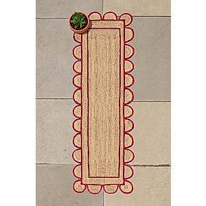 BUNDELA EXPORTS Scalloped Jute Area Rug, Floor Farmhouse Rug Natural Braided Reversible Boho Eco Large 2x12 Ft Runner Rug (RED)