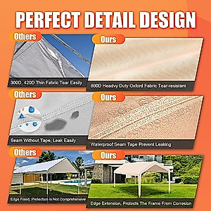 Carport Canopy 10'x20' Heavy Duty Replacement Cover, Garage Shelter Cover 800D Oxford Waterproof & UV Protected Tarp with Ball Bungees, Not Include Frame, Beige