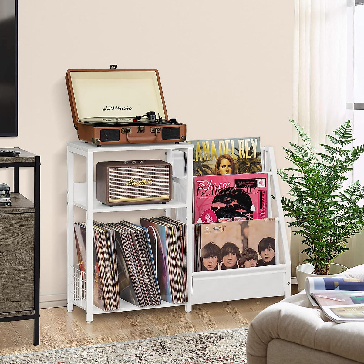 LELELINKY Record Player Table,Turntable Shelf with Vinyl Storage Up to 150 Albums,White Side Table with 3 Tier Magazine Periodical Book Rack,Wide Metal Record Holder Cabinet for Room Office