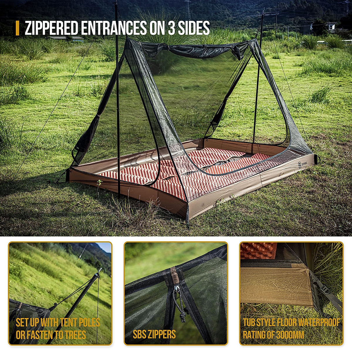 OneTigris 2 Person Mesh Tent, 3 Openings Screen Shelter with Waterproof Bathtub Floor for Outdoors Camping Lightweight Backpacking Thru-Hiking Travel Patio