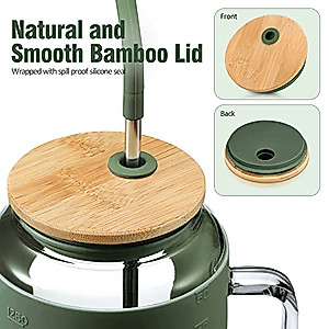 VOKOVO 50 oz Glass Tumbler with Bamboo Lid and Straw, Glass Water Bottles with Handle and Silicone Sleeve Reusable Mug Cup Drinking Glasses for Iced Coffee, Spill Proof, BPA Free,Olive