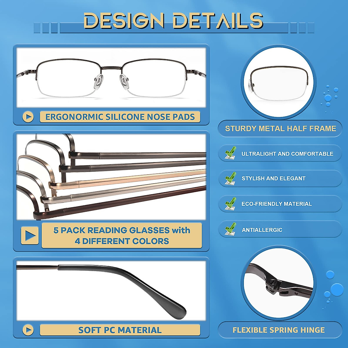 NOVIVON 5 Pack Reading Glasses for Men, Metal Blue Light Blocking Readers with Spring Hinges, Anti Eye Strain Eyeglasses (Gunmetal*2, Gold, Silver, Brown, 2.0)