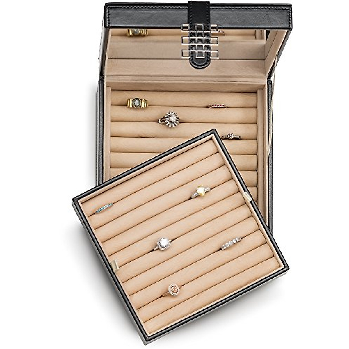 Glenor Co Ring Organizer Box - 108 Slot Classic Jewelry Display Holder - 2 Storage Trays with Modern Buckle Closure, Large Mirror - Holds Rings and Cufflinks - PU Leather Case - Black