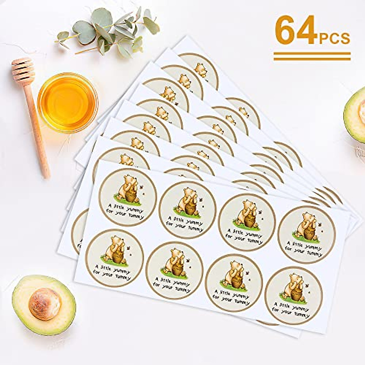 Stickers with A Little Yummy for Your Yummy 64 Pcs, 2 inches Stickers for Winnie The Pooh Stickers, Gift for Party Favors, Baby Shower, Honey Jar, Wedding Favors