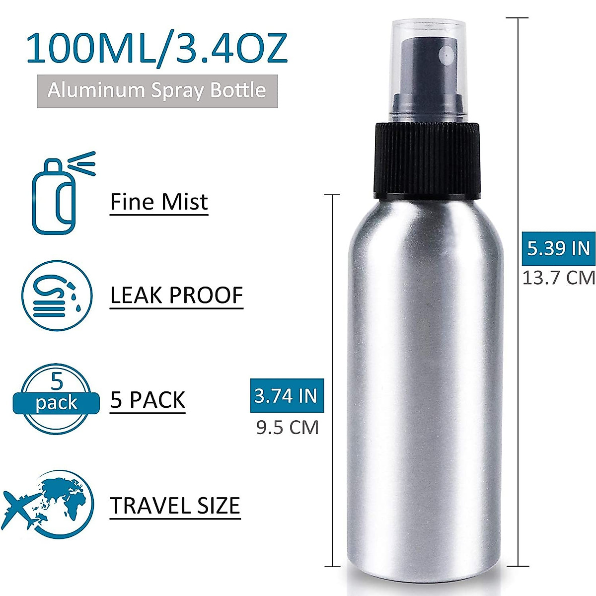 Empty Spray Bottles Travel Size 100ml/3.4oz 5 Pack Small Spray Bottle Aluminum Metal Fine Mist Refillable Atomizer Set with Lids for Liquids Skincare Cosmetic Perfume Storage, with 4pcs Small Funnels