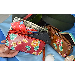 Leather Purse/wallet,two Zipper for Two Separate Rooms, Lovely Hawaii Scenery (Brown)