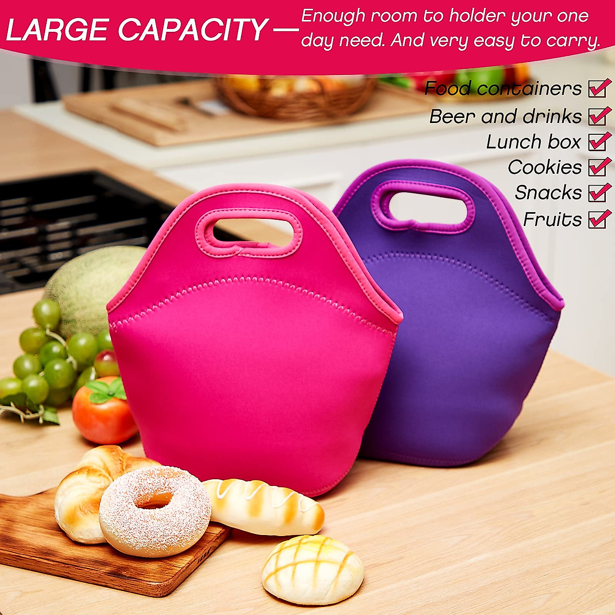 CHENGU 2 Pcs Neoprene Lunch Bag Insulated Thermal Lunch Bag Reusable and Foldable Lunch Bag with Zipper for Women Men Nurse Teacher Work Outdoor Travel Picnic, Soft and Lightweight (Purple, Rosy)