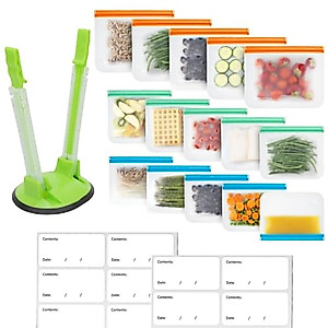 MHSEcoFriendly Meal Prep Storage Kit - 15 Reusable Freezer Bags, Baggy Rack, & 20 Strong Freezer Labels | BPA-Free, Leakproof, & Multipurpose Food Storage