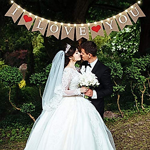 I Love You Burlap Banner for Valentine's Day Decoration, Love Heart Hanging Sign with 8 Modes LED String Light, Wedding Engagement Party Bunting Garland for Valentines Day Dating Home Decor