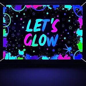 Glow Neon Birthday Backdrop - Glow in The Dark Let’s Glow Banner Backdrop Black Light Themed Party Photography Background Splatter Paint Photo Booth Backdrop, 5.9x3.9ft