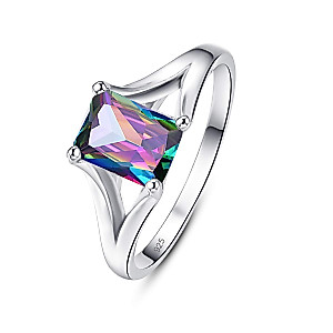 Empsoul Silver Plated 6x8mm Emerald Shaped Created Rainbow Topaz CZ Filled Proposal Wedding Engagement Bridal Women Ring Size 6
