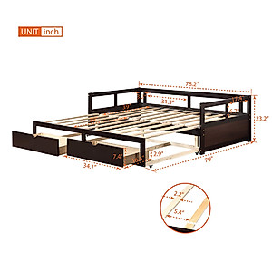 Daybed with Trundle and Drawers, Twin to King Design Sofa Bed,Wooden Extendable Bed Daybed for Bedroom Living Room, Espresso