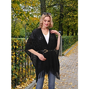 Knit Shawl Wrap for Women - Soul Young Ladies Fringe Knitted Poncho Blanket Cardigan Cape(One Size,Black)