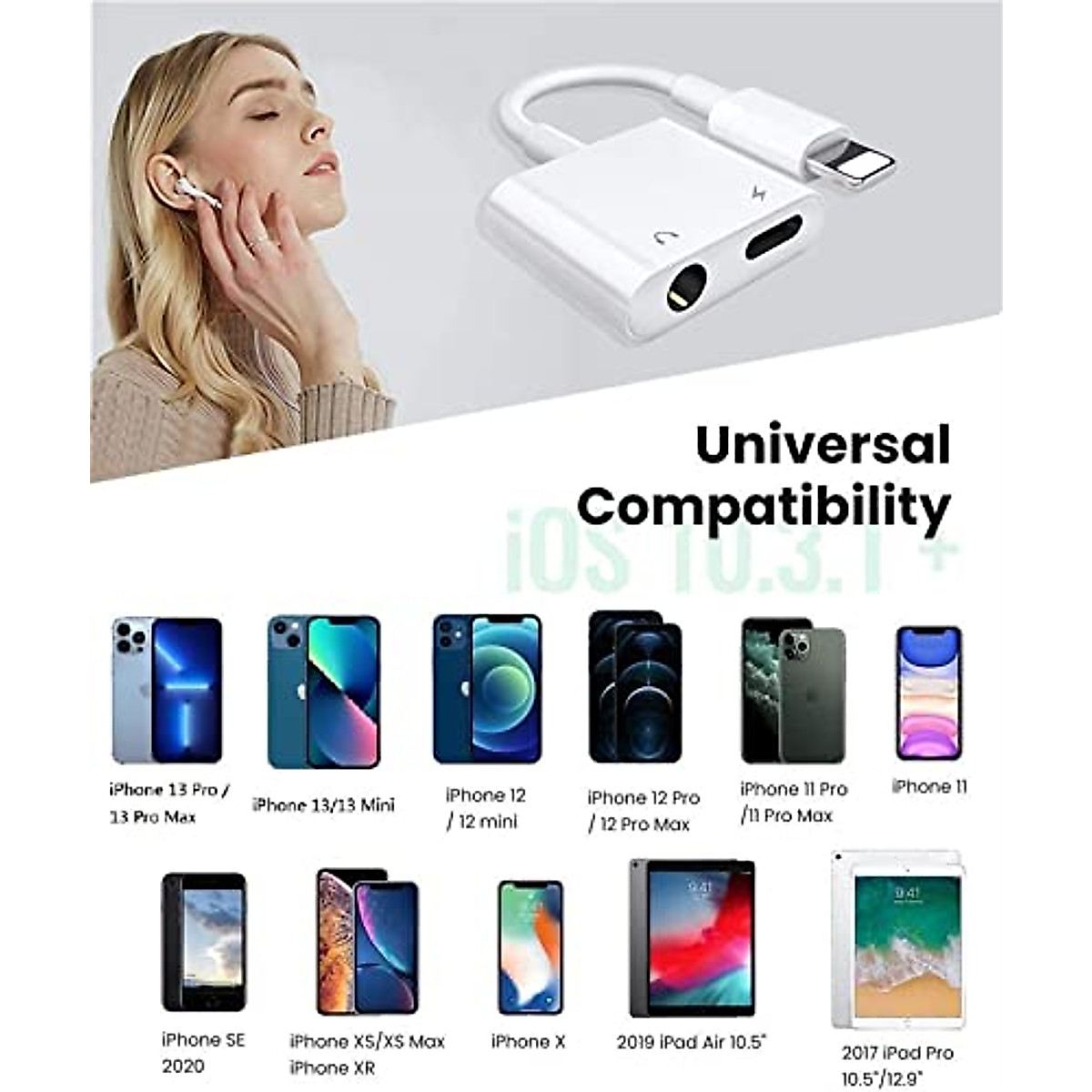 2 Pack Headphone Adapter for iPhone 2 in 1 Lightning to 3.5mm Earphone [Apple MFi Certified] Audio & Charger Splitter Adapter, Splitter Compatible with iPhone 13/13 Pro/12/11/XR/X/8/Support All iOS