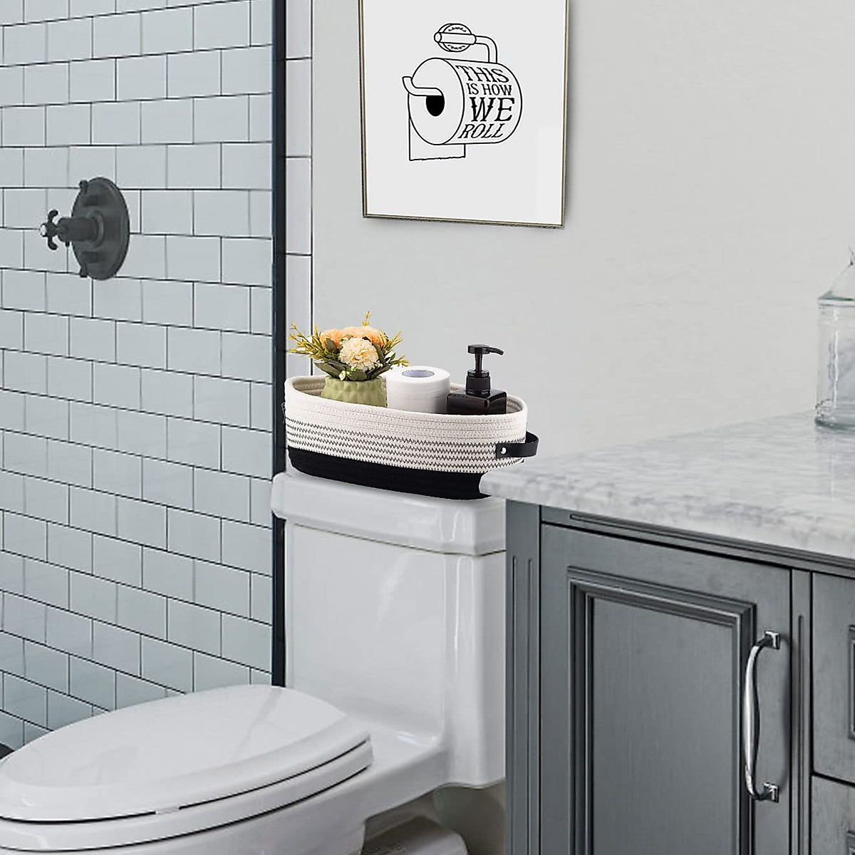 Oradrem Cotton Rope Toilet Basket Bathroom Decor Baskets, Toilet Paper Holder Basket, Farmhouse Home Decor Organizing Small Baskets 13"x5.9"x4" Black