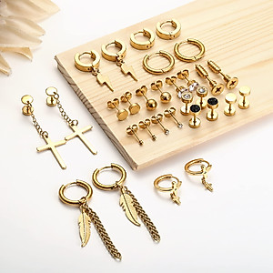 UBGICIG Earrings for Men 15Pairs Black Earrings Stainless Steel Stud Earrings Cross Dangle Hoop Men Earrings Set Fake Gauges Earrings for Women Men Piercing Jewelry Men's Earrings Set