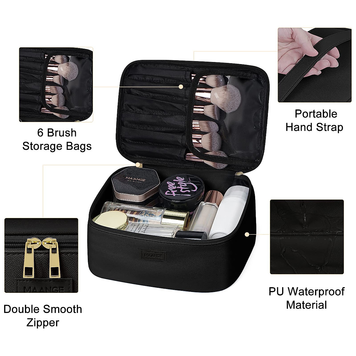 MAANGE Makeup Bag - Large Cosmetic Bag with 2pcs Small Makeup Bags Portable Leather Travel Makeup Bag Set Toiletry Bag Make Up Bags for Women and Girls (Black)