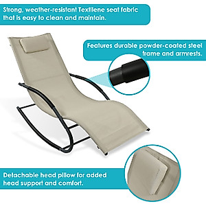 Sunnydaze Outdoor Rocking Wave Lounger with Pillow, Patio and Lawn Lounge Chair Rocker, Beige, Set of 2