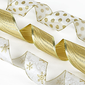 Arquiel 6 Rolls Christmas Ribbon Wired, 2.5" x 6 Yards Gold Ribbons Ornaments with Glitter for Xmas Tree Gift Wrapping Bow Decoration, White & Gold Ribbons