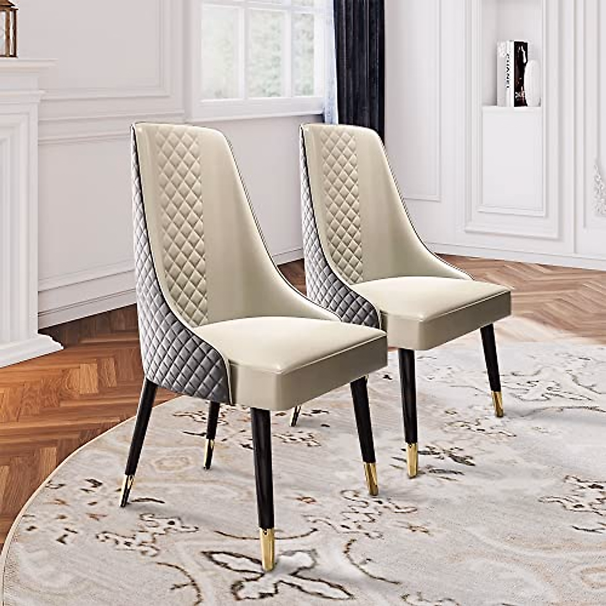 POVISON Faux Leather Dining Chair Set of 2, Mid-Century Upholstered Bar Chair with Solid Wood Legs for Pub Coffee Home, Kitchen Room, Grey, 38"
