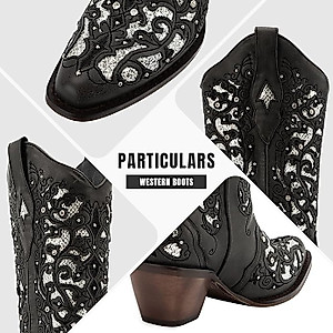 Huntarry Women's Mid Calf Cowboy Cowgirl Boots Embroidered Retro Square Toe Western Boots for Women Black-a