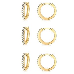 Gold Hoop Earrings for Women, 3 Pairs 8mm Small Sterling Silver Huggie Earrings | Tiny Cubic Zirconia Cartilage Cuff Earrings Hoop Piercing Jewellery for Men Teens